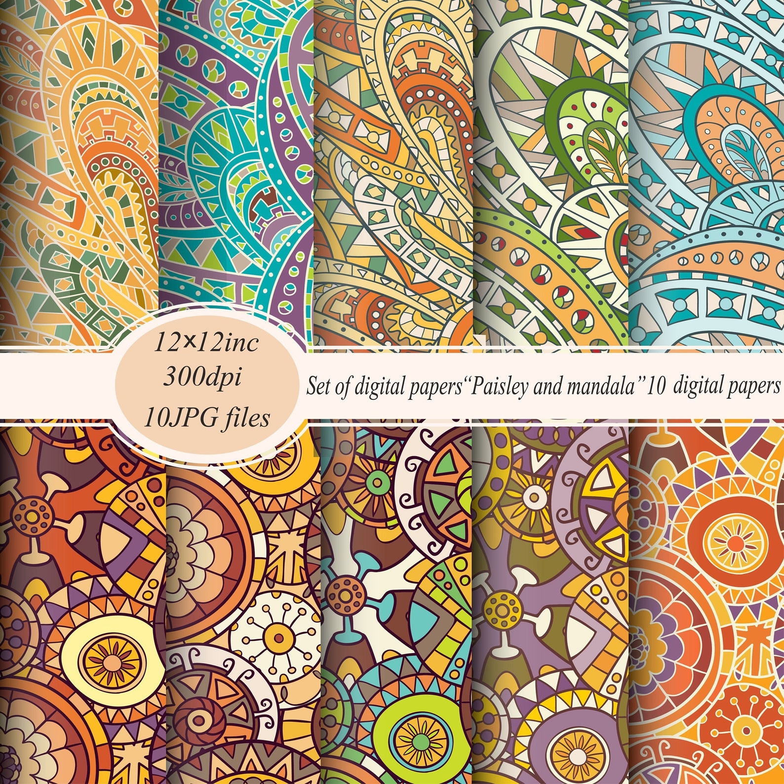 Set of Digital Paper Pack paisley and Mandala. | Etsy