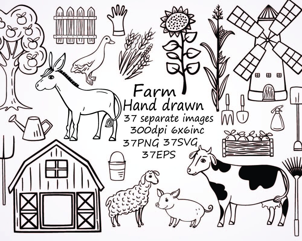 Hand-drawn Farm Clipart, Farm Animals Clipart, 37 Separete Images ...