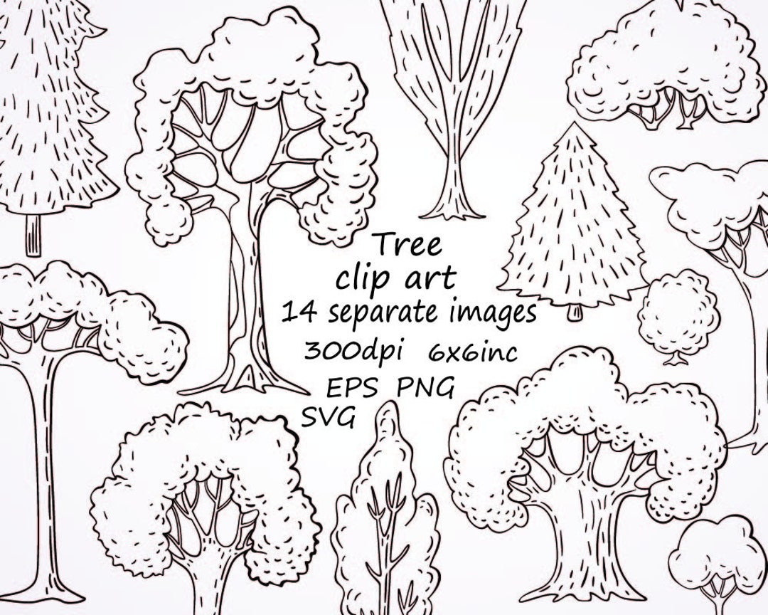 Hand-drawn Forest Trees Clipart, 14 Separate Images Fruits SVG,PNG,EPS, 6x6inc, Doodle Tree ...
