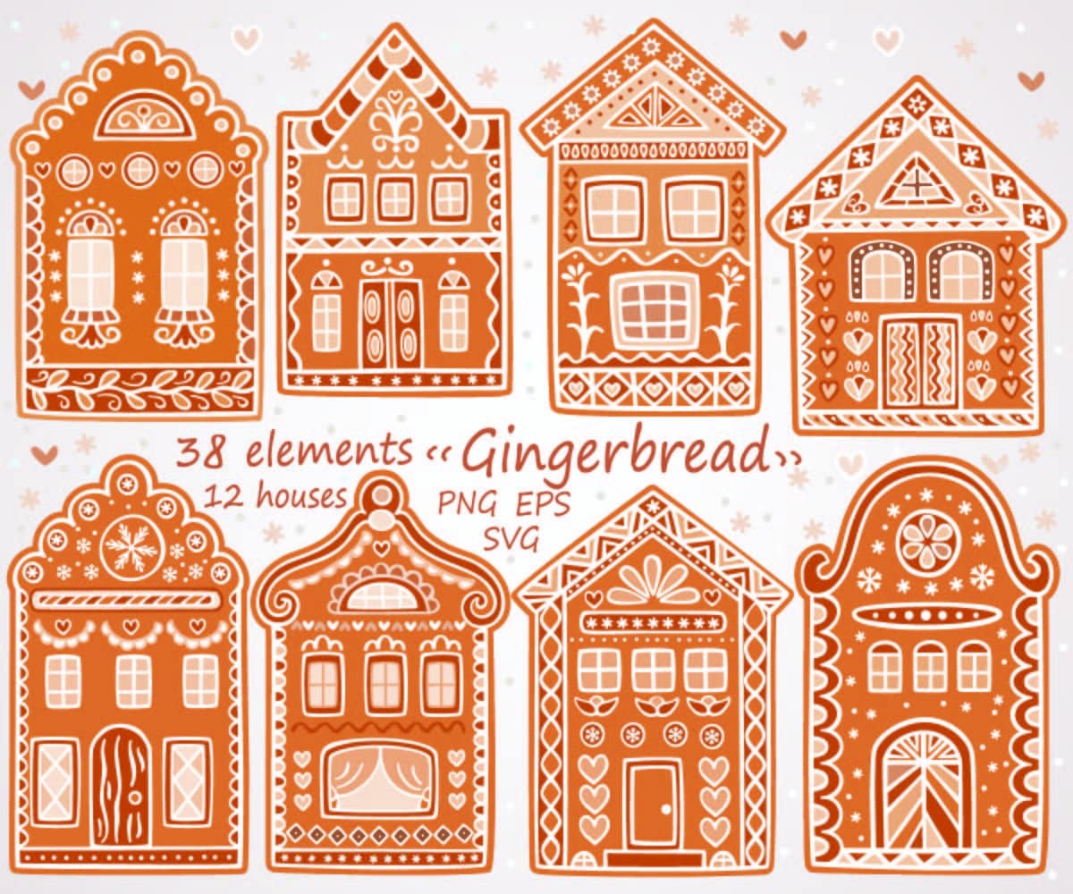 Doodle Gingerbread Houses Clipart, Separete SVG, PNG, EPS Images, 12 ...