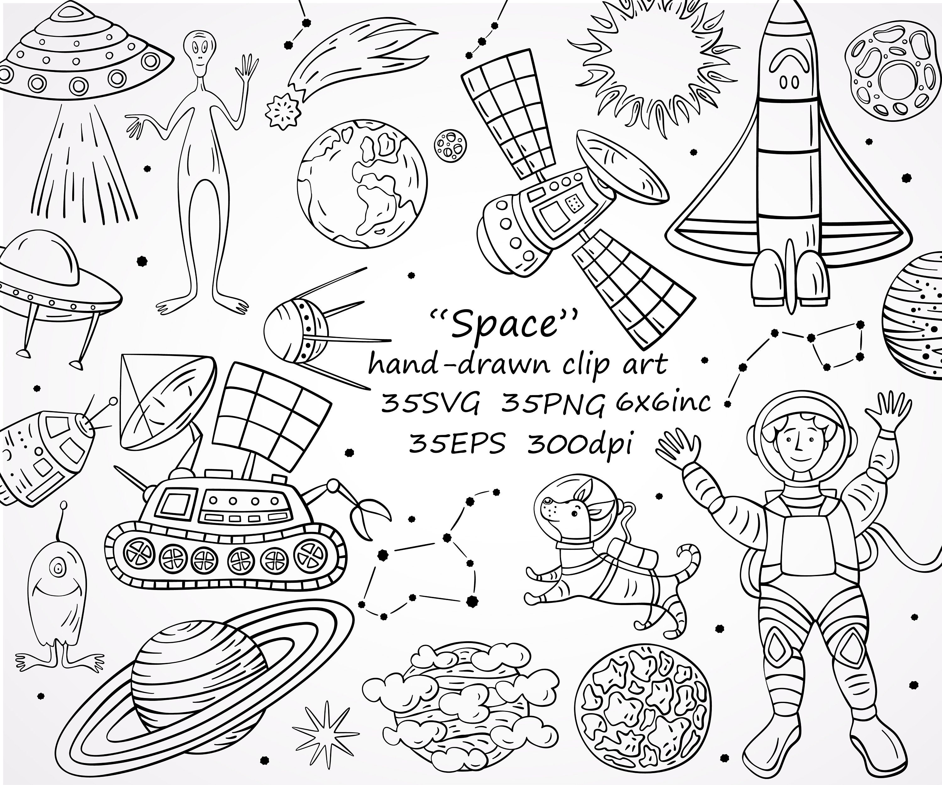 Hand-drawn Space Clipart, Astronauts Clip Art, Aliens, UFO, Planets ...