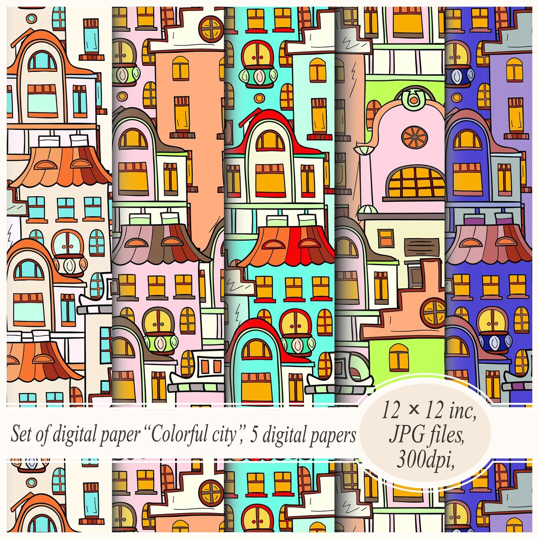 Set of 5 Urban Digital Paper"colorful City".cityscape Digital Papers ...