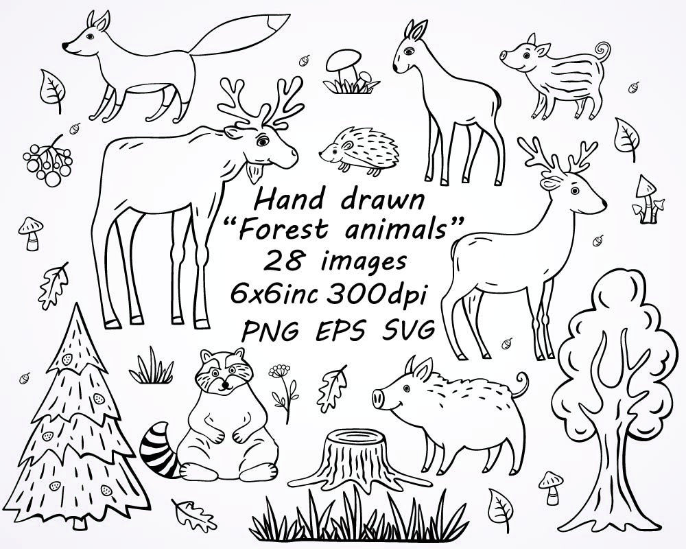 Doodle Forest Animals Clipart,28 Separete SVG, PNG, EPS Images.woodland ...