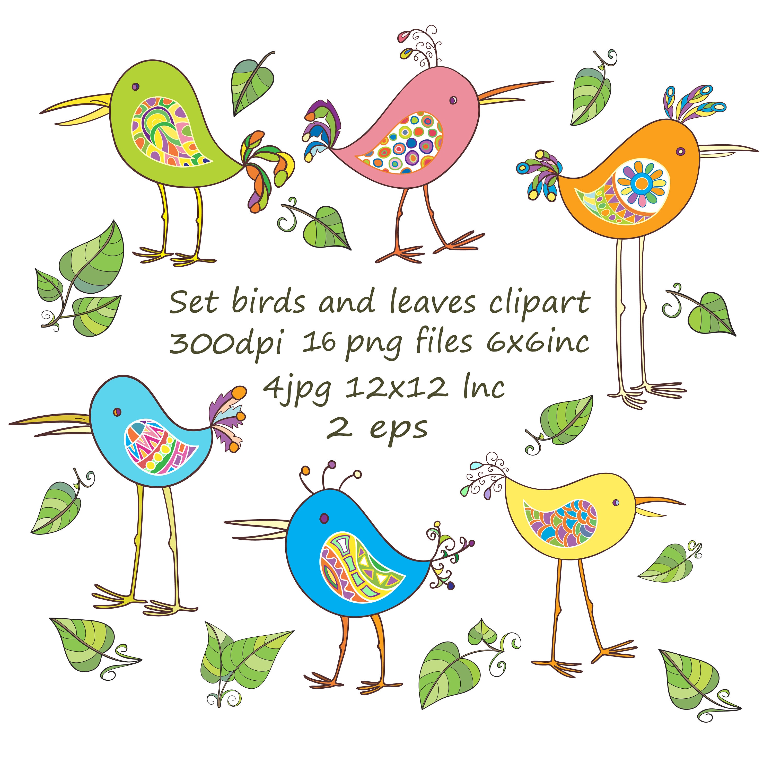 Set Hand-drawn Birds and Leaves.clipart PNG Doodle Birds.clipart PNG ...
