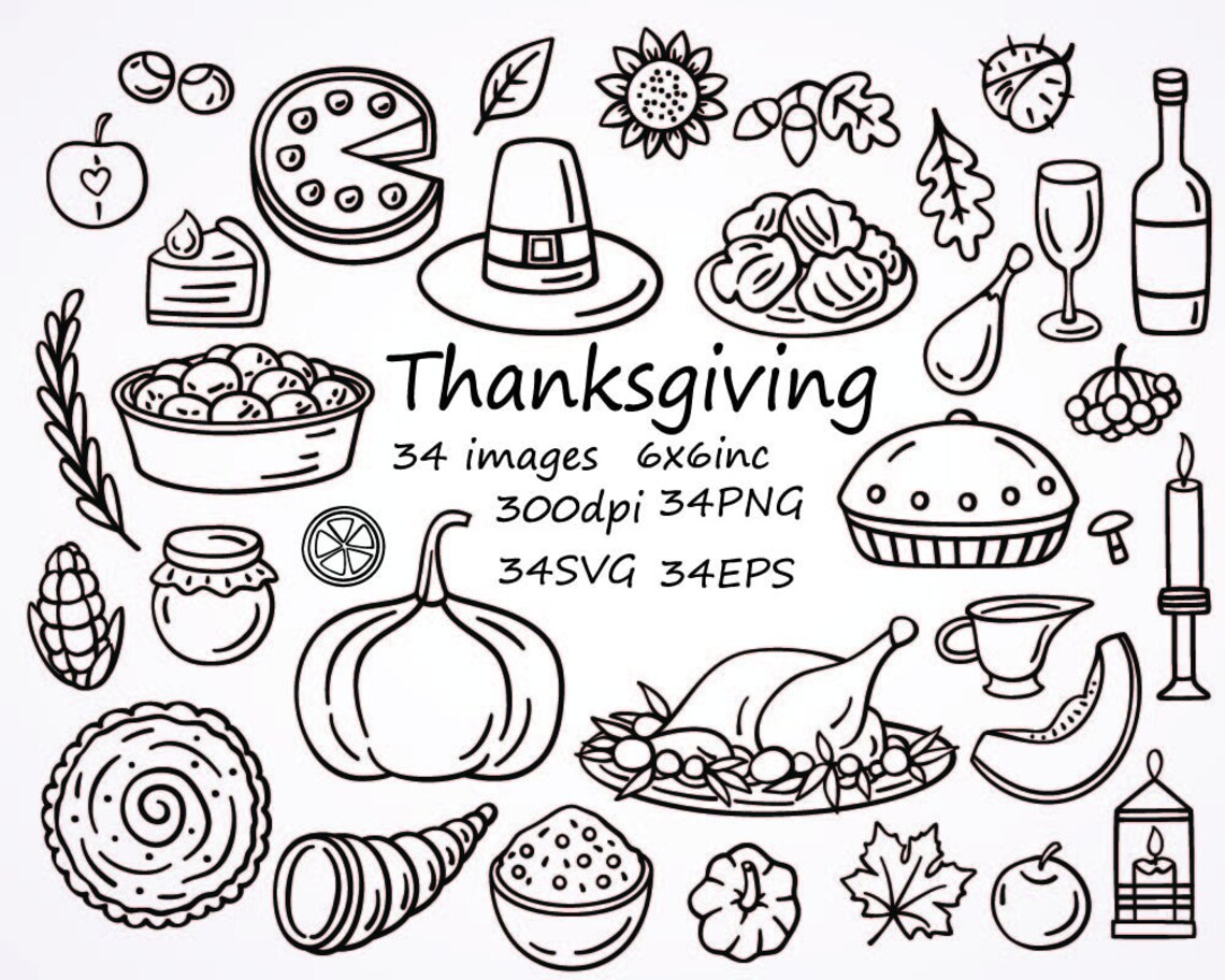Hand-drawn Thanksgiving Clipart, 34 Separete Images, PNG,SVG,EPS ...