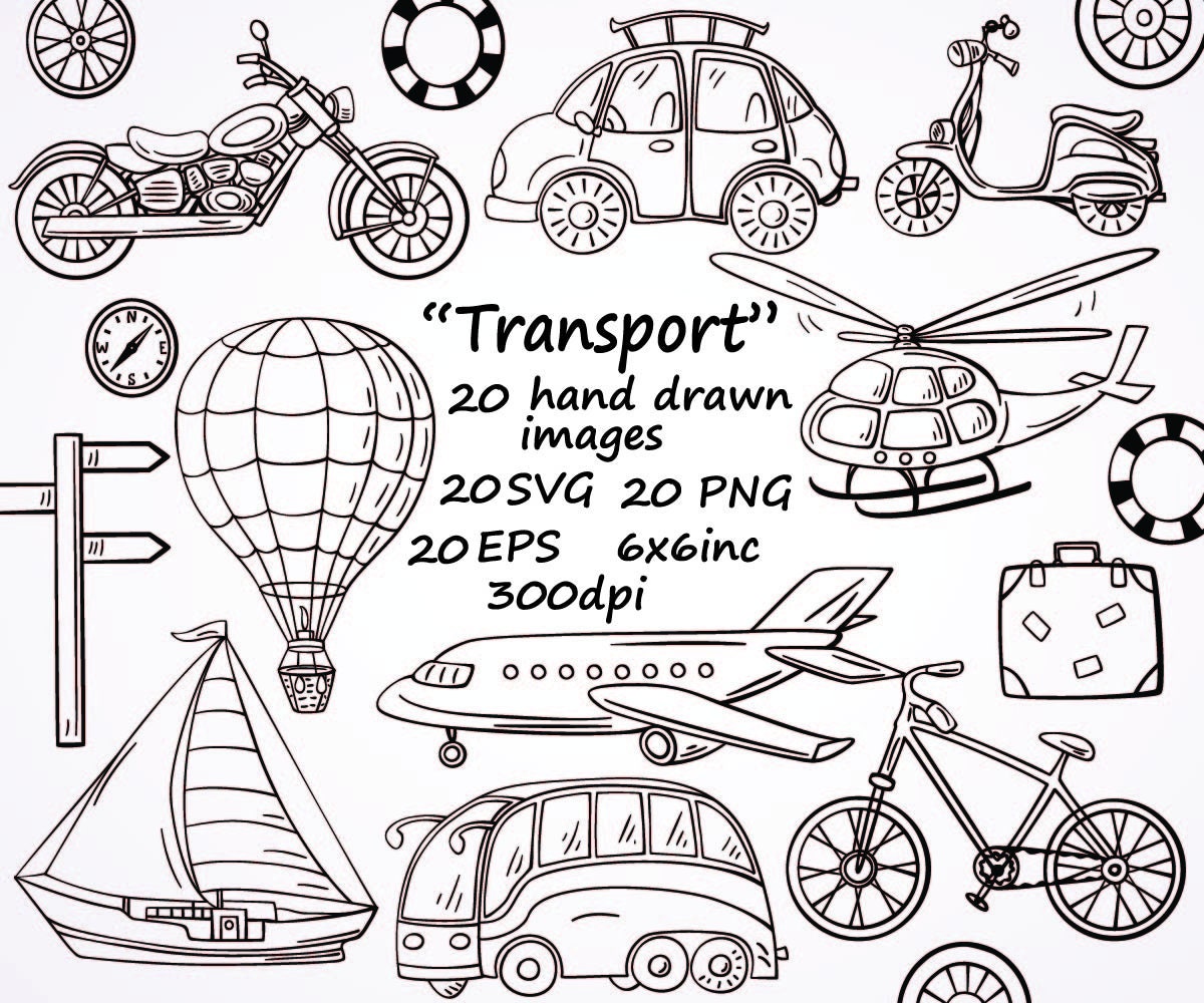 Hand-drawn Transport Clipart,20 Separete Images, Clip Art Set of ...