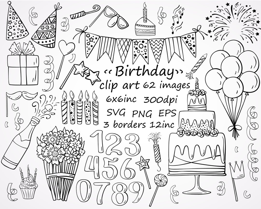 Hand-drawn Birthday Clipart, Party Clipart, Cake Clipart, Bunting ...