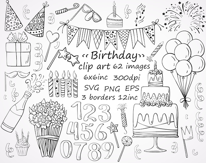 Hand-drawn Birthday Clipart Party Clipart Cake Clipart - Etsy UK