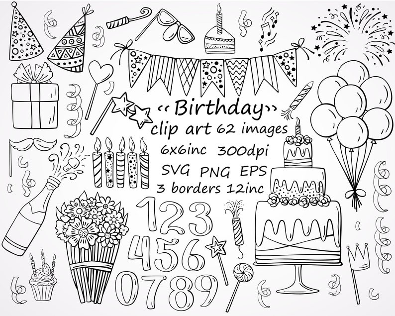 Hand-drawn Birthday Clipart, Party Clipart, Cake Clipart, Bunting ...