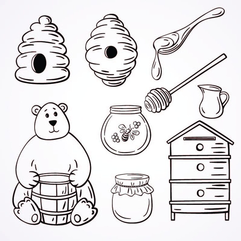Hand-drawn Honey and Bee Clipart,27 Separete Images, 6x6inc,png, SVG ...