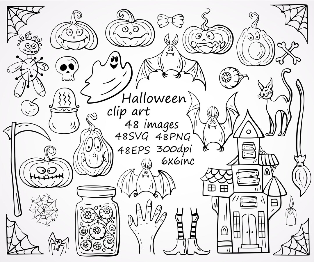 Doodle Halloween Clipart,48 Separete SVG, PNG, EPS Images, Pumpkin ...