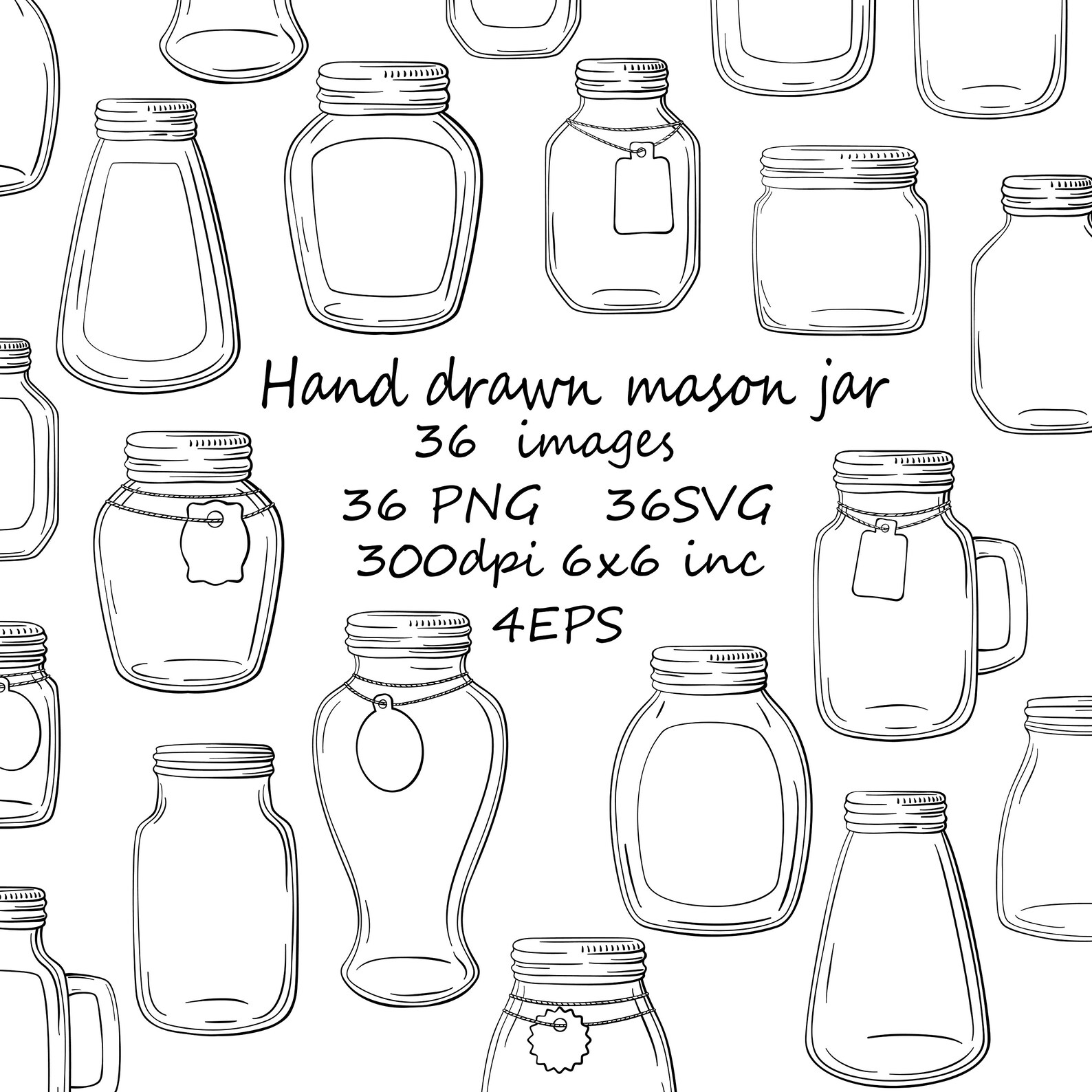 Mason Jar Clipart, 36 PNG Mason Jar,36 SVG Mason Jar, Hand Drawn Mason ...