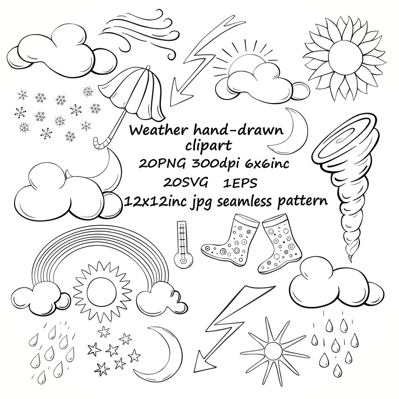 Weather Hand-drawn Clipart.20 PNG Weather Elements,20 SVG Weather ...