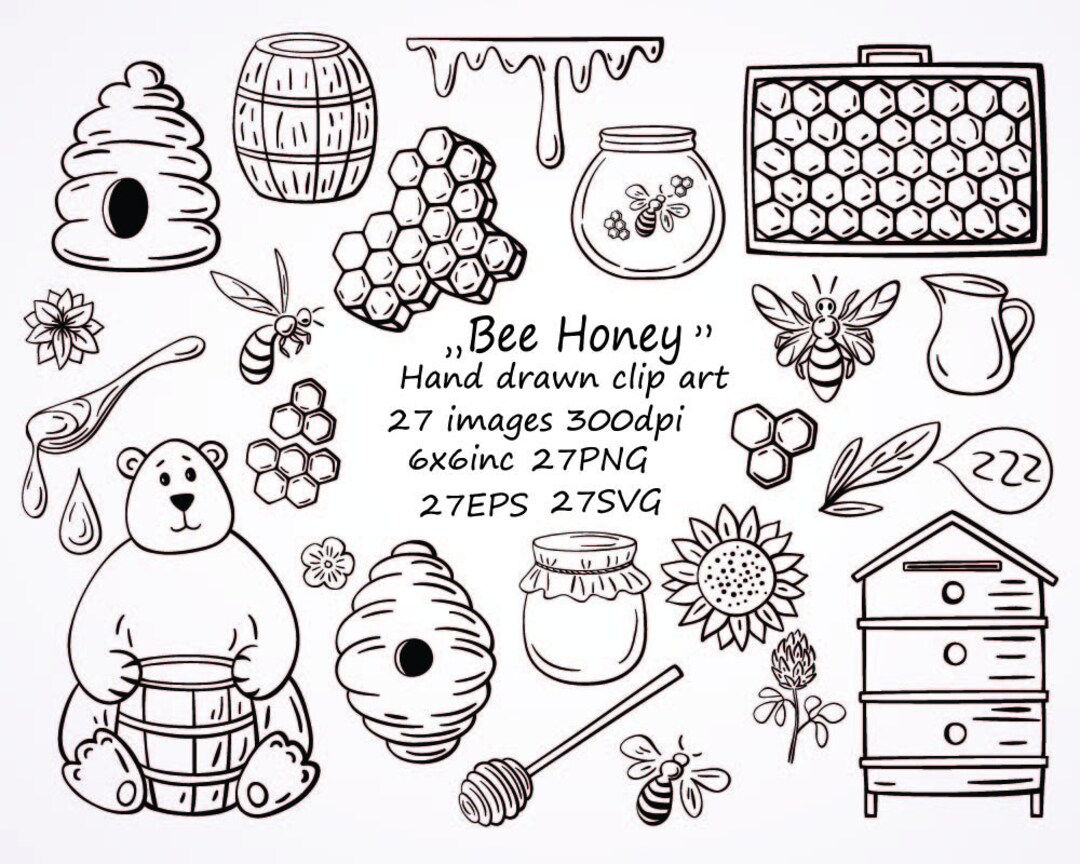 Hand-drawn Honey and Bee Clipart,27 Separete Images, 6x6inc,png, SVG ...