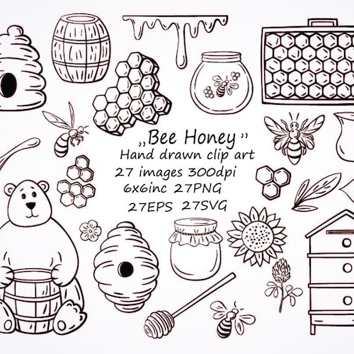 Bee Clipart. Hand Drawn Honey Hive Clip Art. Doodle Floral - Etsy