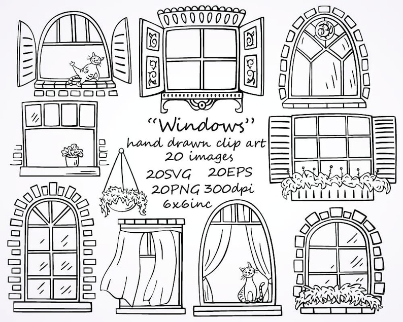 Windows Hand-drawn Set, 20 Separete Images, 20 PNG,20 SVG, 6x6 Inc ...