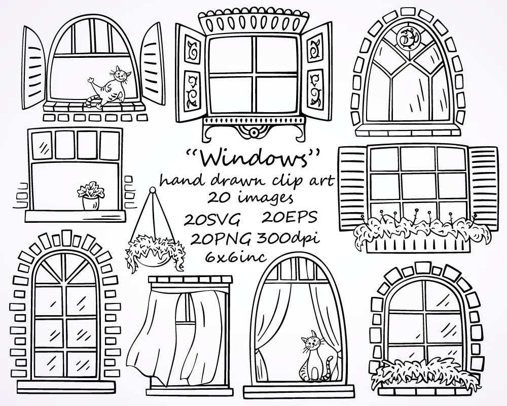 Windows Hand-drawn Set, 20 Separete Images, 20 PNG,20 SVG, 6x6 Inc ...