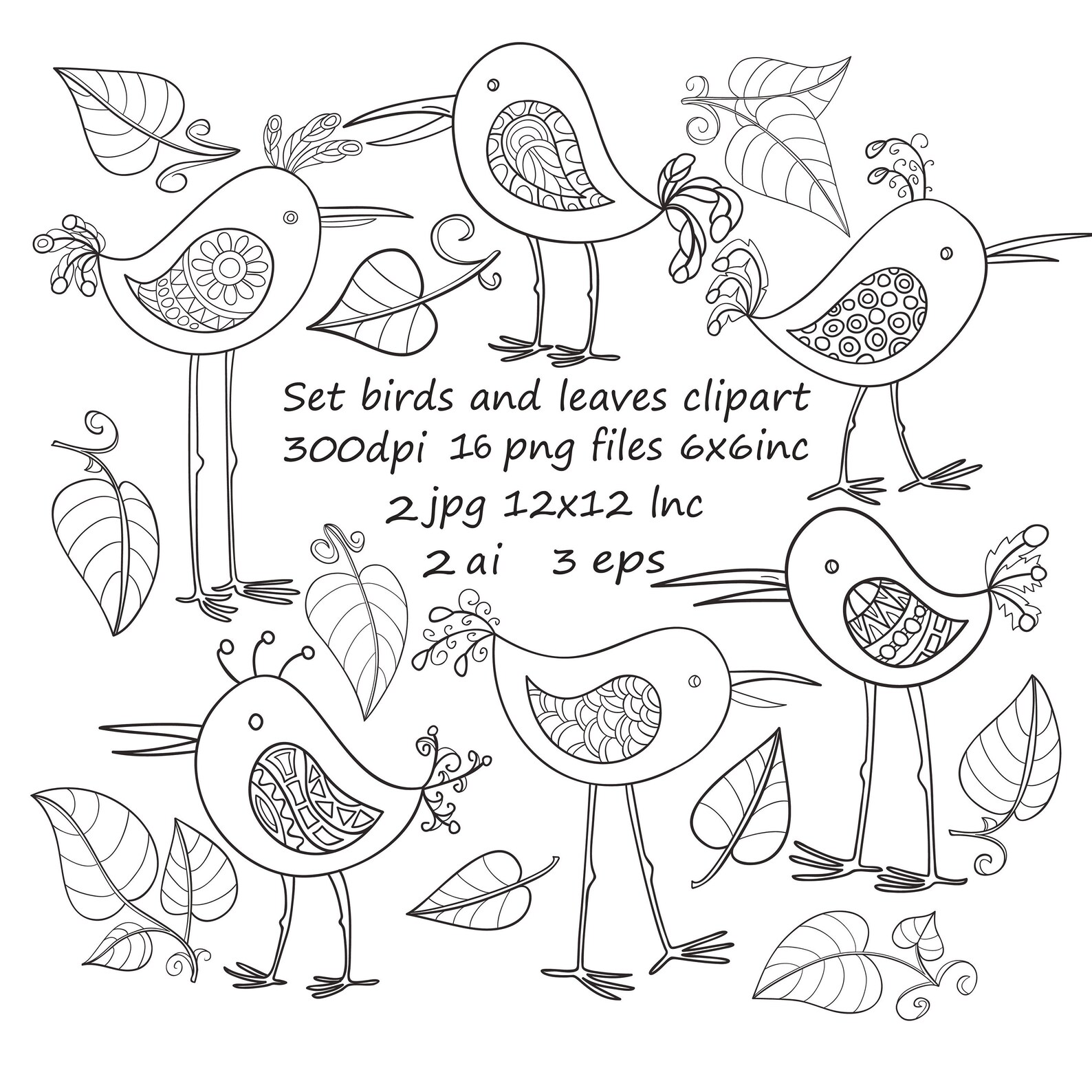 Hand-drawn Birds and Leaves Clipart,png Birds Clipart,doodle Birds ...