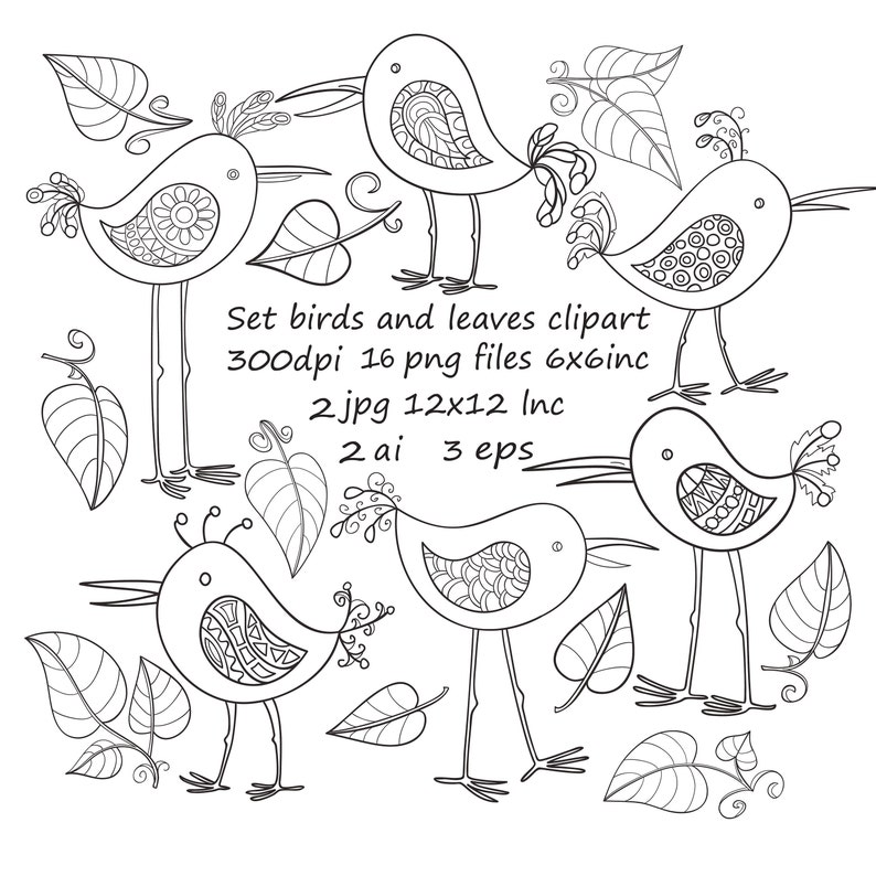 Hand-drawn Birds and Leaves Clipart,png Birds Clipart,doodle Birds ...