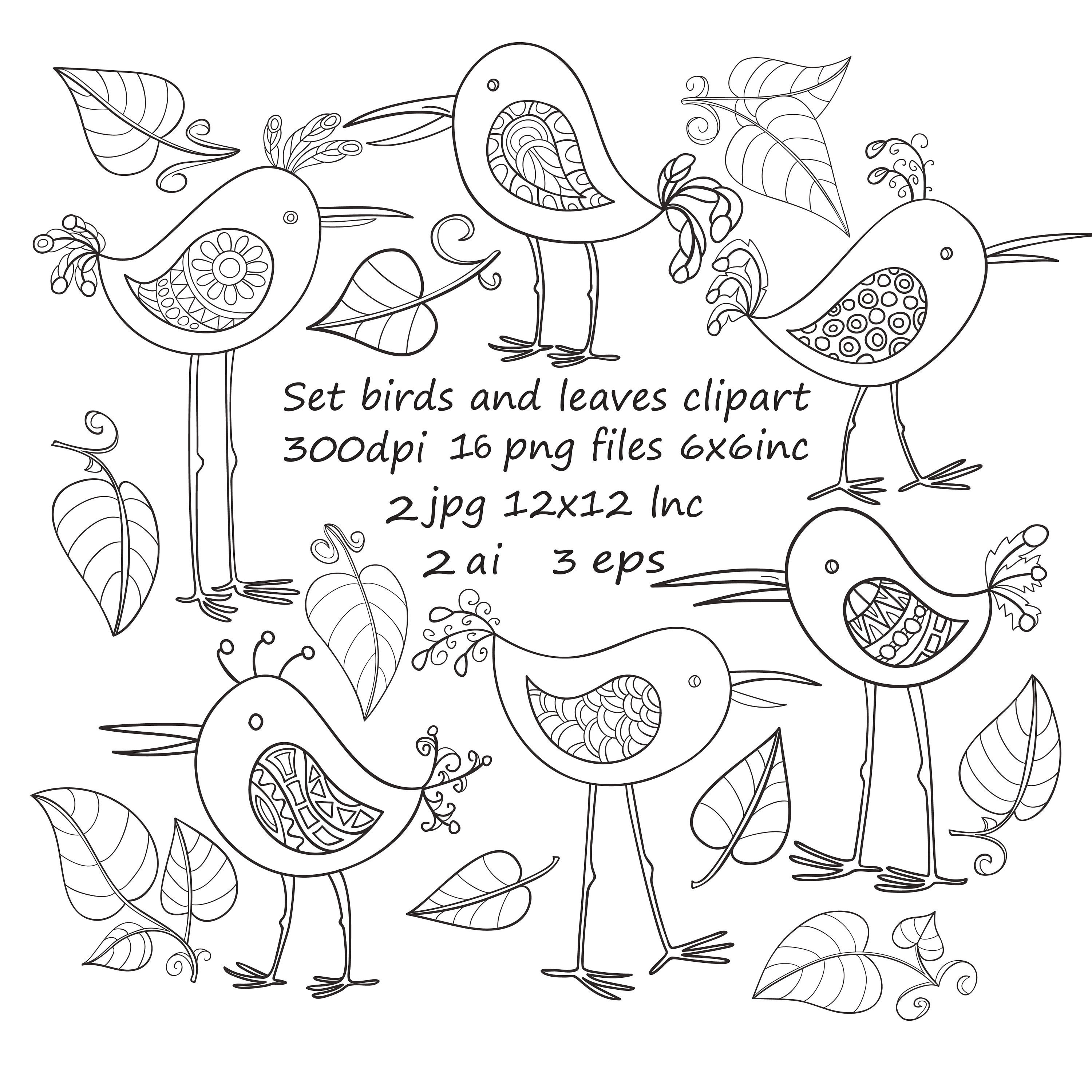 Hand-drawn Birds and Leaves Clipart,png Birds Clipart,doodle Birds ...