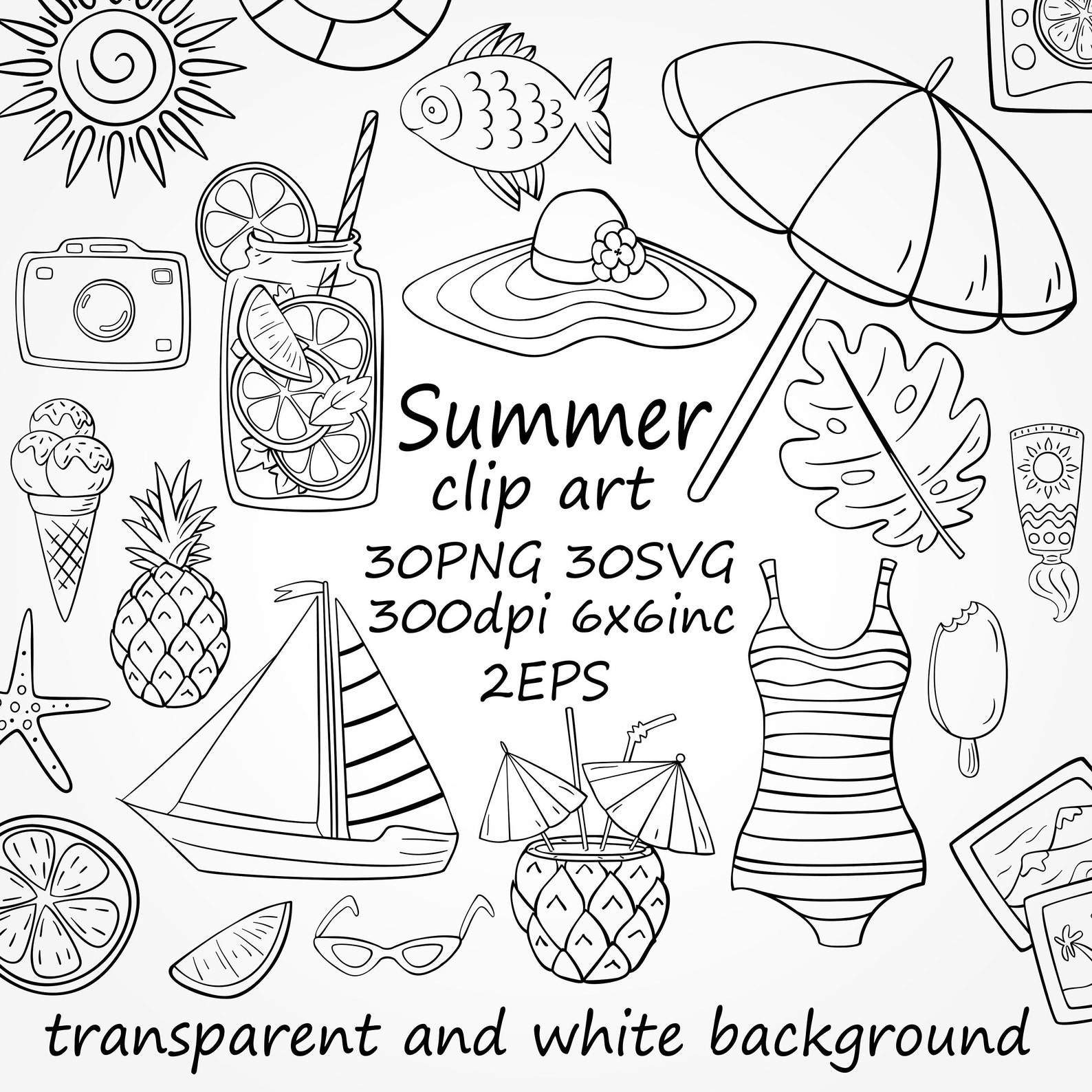Hand-drawn "summer" Clipart, PNG Summer Clipart, SVG Summer Clipart, 30 ...