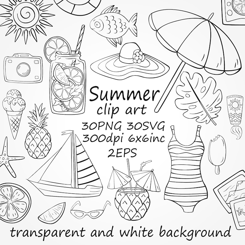 Hand-drawn "summer" Clipart, PNG Summer Clipart, SVG Summer Clipart, 30 ...