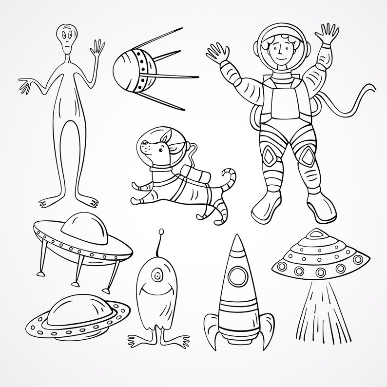 Hand-drawn Space Clipart, Astronauts Clip Art, Aliens, UFO, Planets ...