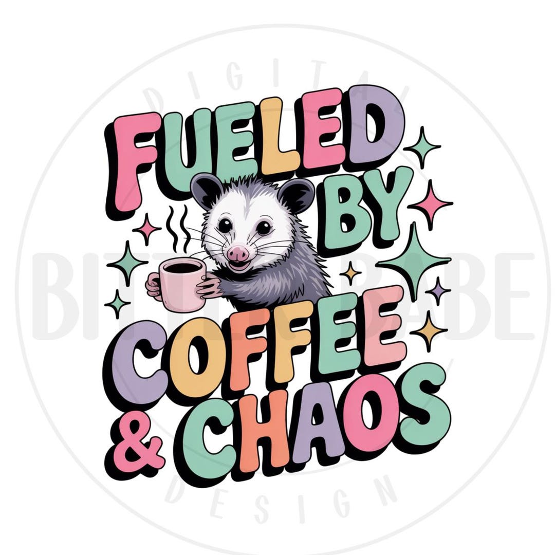Funny Opossum Coffee Clipart PNG: 'fueled by Coffee & Chaos' (digital ...