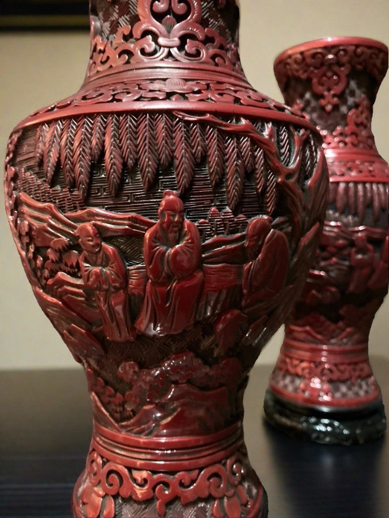 Japanese Carved Vase in Red Lacquer, A Pair - Etsy