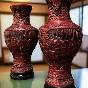Japanese Carved Vase in Red Lacquer, A Pair - Etsy