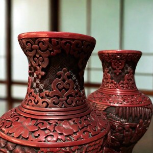 Japanese Carved Vase in Red Lacquer, A Pair - Etsy