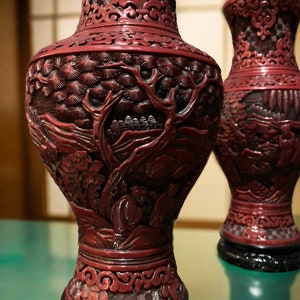 Japanese Carved Vase in Red Lacquer, A Pair - Etsy