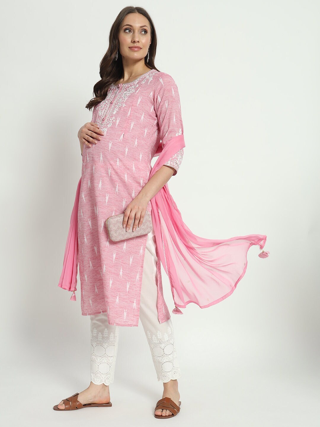 Pink Color Women Postpartum Embroidery Kurta Palazzo Set Breastfeeding ...