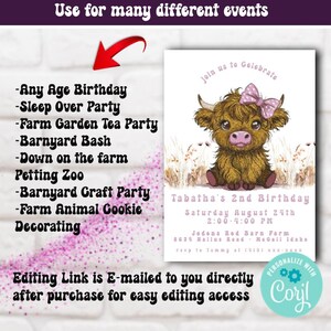 Editable Highland Cow Birthday Invitation Set | Corjl Template | Invite ...