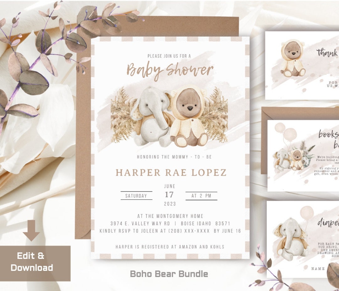 Boho Bear Baby Shower Invite Download, Invitation Bundle Template ...
