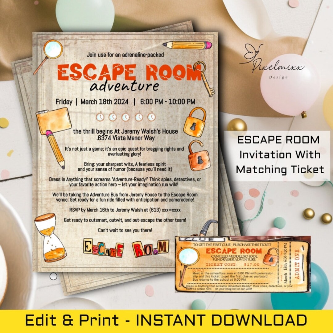 Editable Escape Room Party Invitation or Event Flyer and Tickets - Edit ...