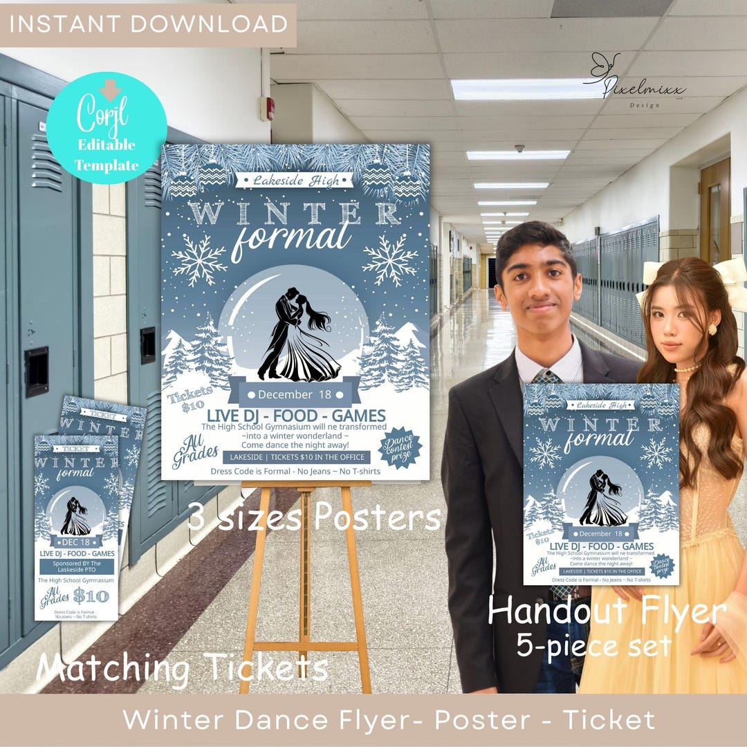 Winter Formal Dance Flyer Poster and Ticket Set Editable Easy Edit ...