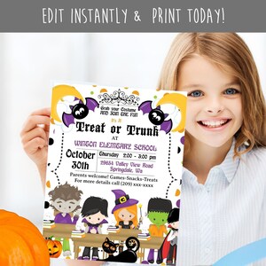 Editable Halloween Party Flyer, Kids Trick-or-trunk Halloween Flyer ...