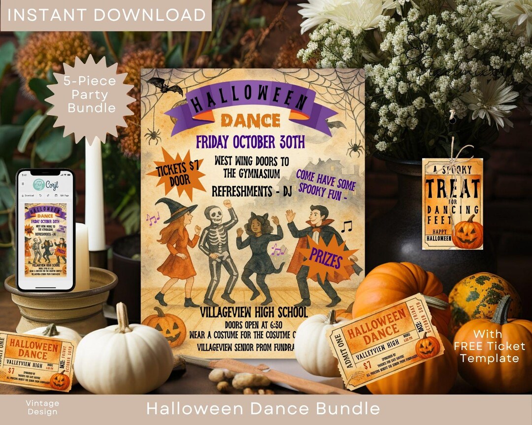 EDITABLE School Dance Flyer, Halloween Dance Party Bundle, Flyer ...