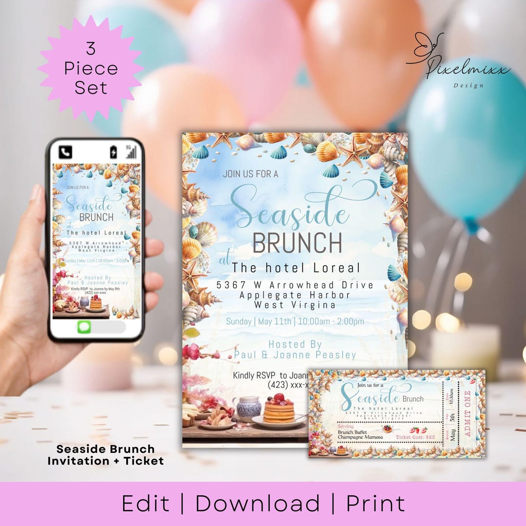 Editable Brunch Invitation and Brunch Ticket Template, Seaside Brunch ...