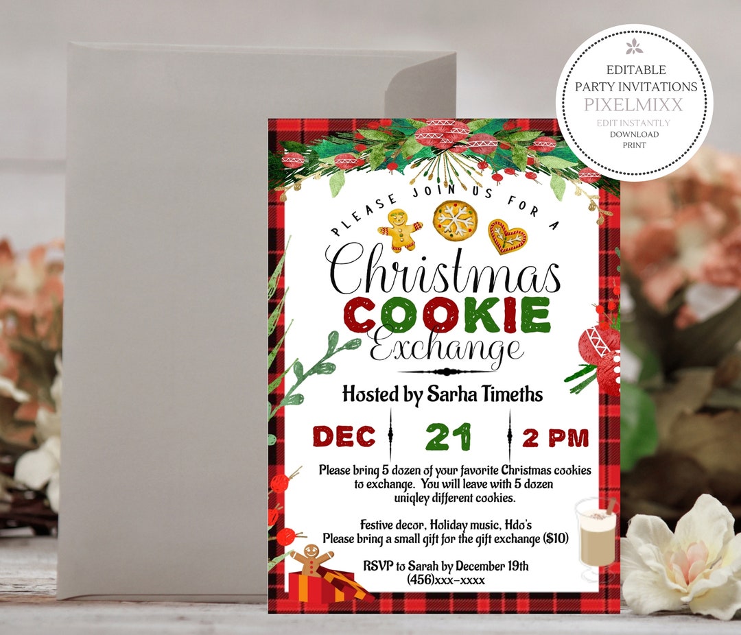 Christmas Cookie Exchange Invitation Template, Editable DYI Invitation ...