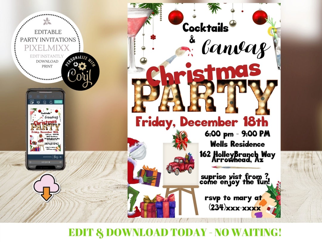Cocktail & Canvas Christmas Party Invitation, Instantly Edit and Print ...