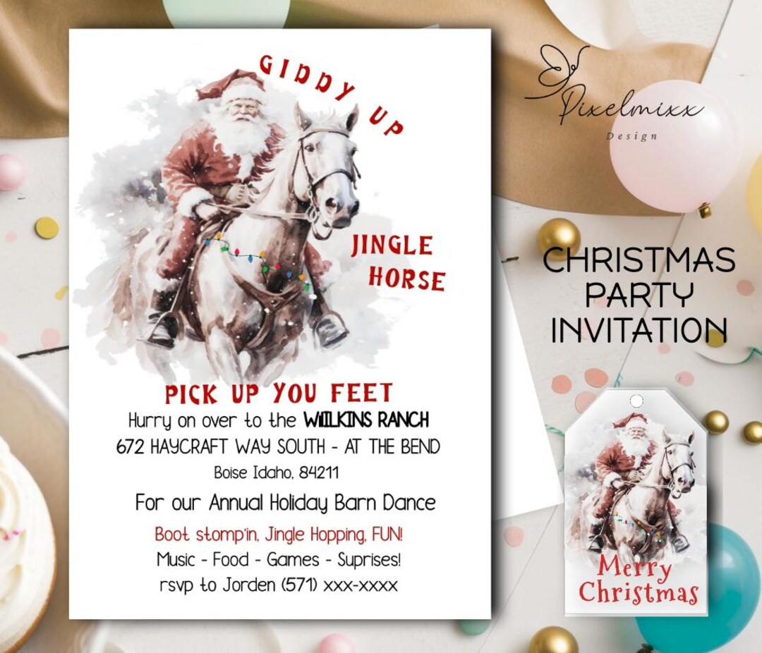 Editable Giddy up Jingle Horse Western Santa Invitation Template ...