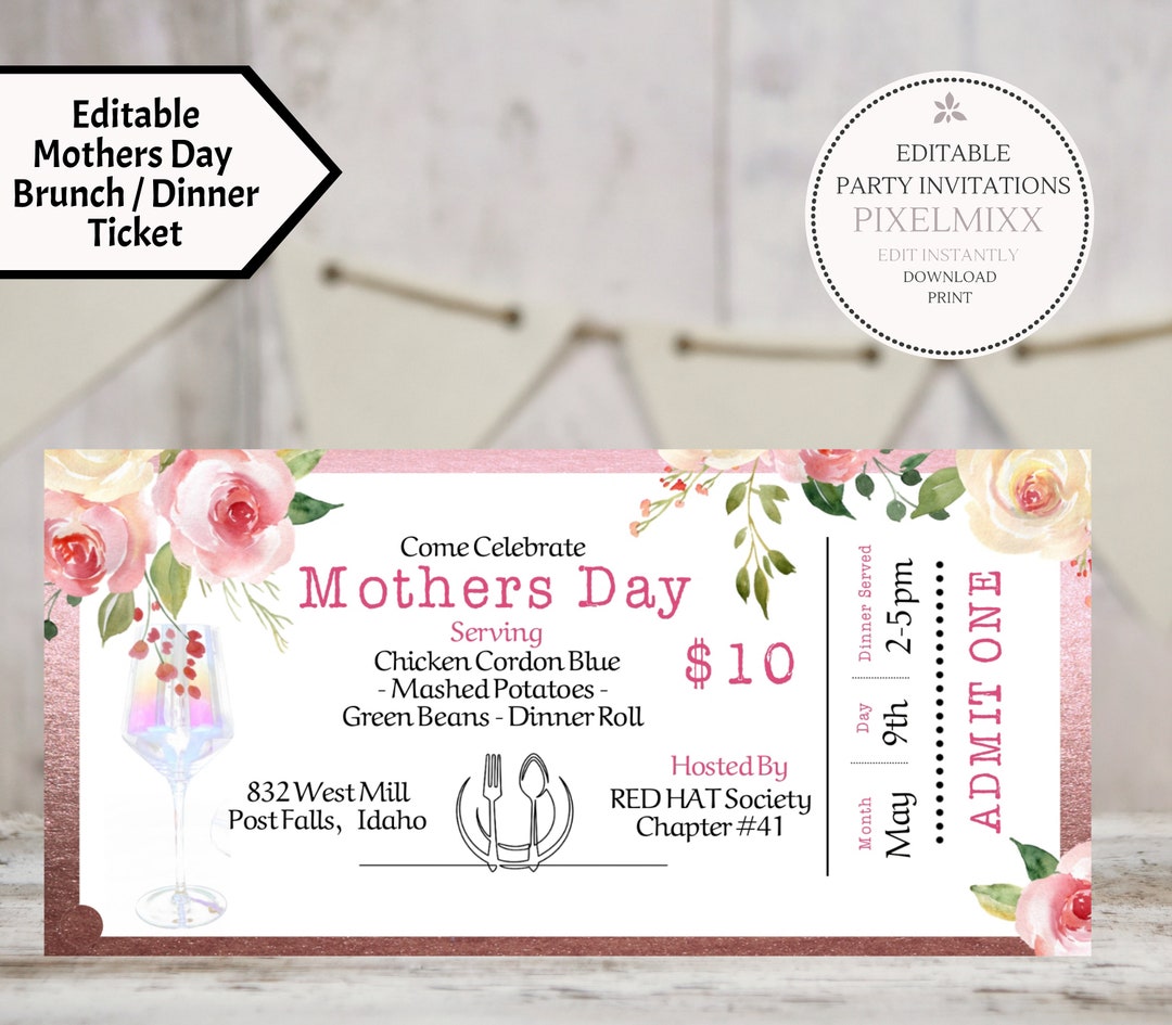 Mothers Day Brunch Ticket, Floral Brunch Tickets, Editable Mothers Day ...