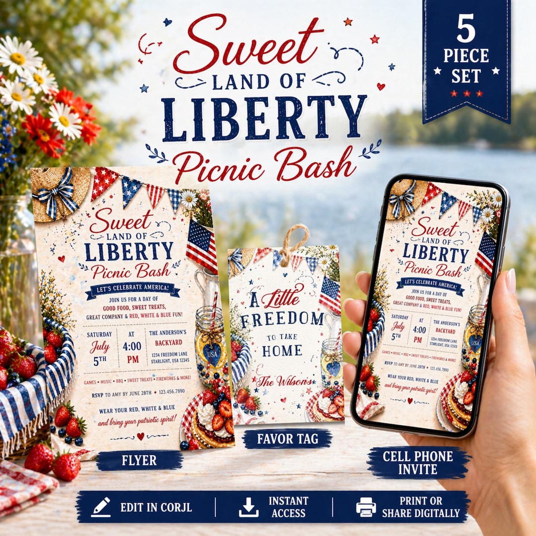 Sweet Land Liberty Picnic Bash Invitation 4th July Party Editable ...