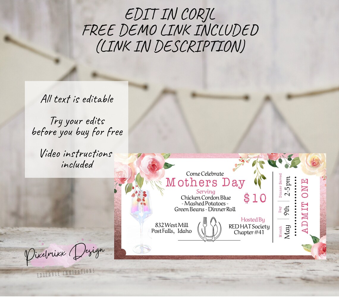 Editable Floral Mothers Day Brunch Ticket Template (digital Download ...