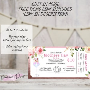 Editable Floral Mothers Day Brunch Ticket Template (digital Download ...
