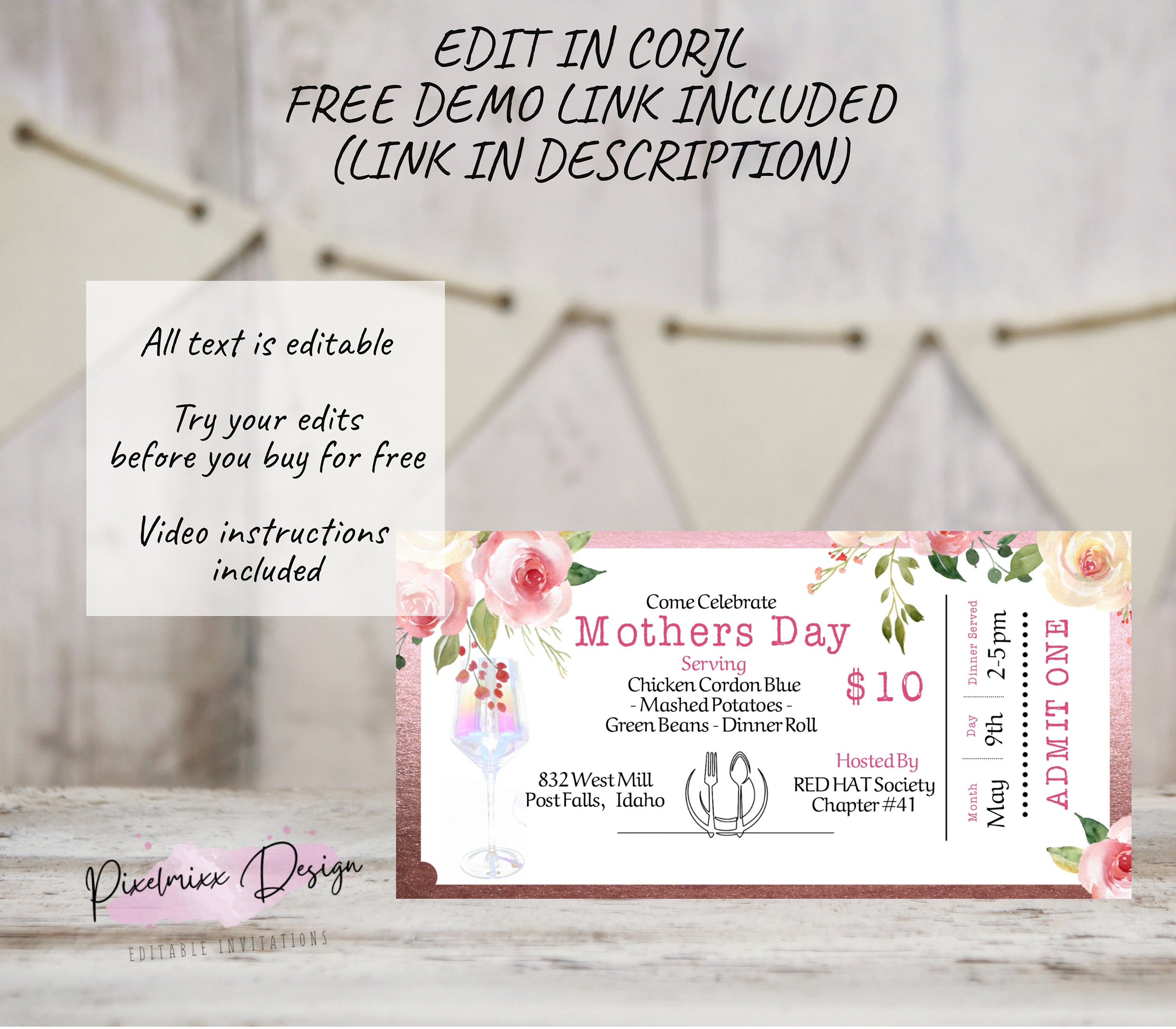 Mothers Day Brunch Ticket Floral Brunch Tickets Editable - Etsy