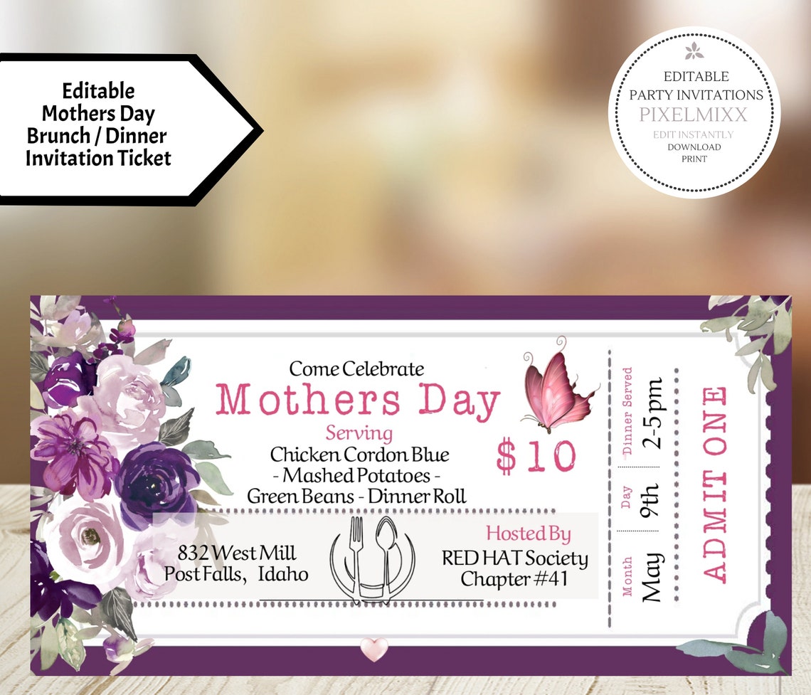 Mothers Day Celebration Ticket, Floral Brunch Tickets, Editable Mothers ...