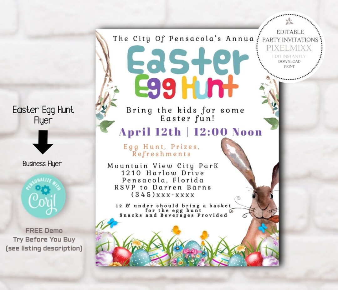 Editable Easter Flyer, Easter Egg Hunt Invitation, Cute Bunny Easter ...